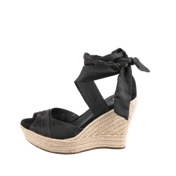 UGG | Shoes | Ugg Lucianna Black Silk Leather Espadrille Wedge Sandals ...